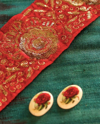 Red Gold Velvet Floral Trim,indian Embroidered Border,red Gold Floral ...