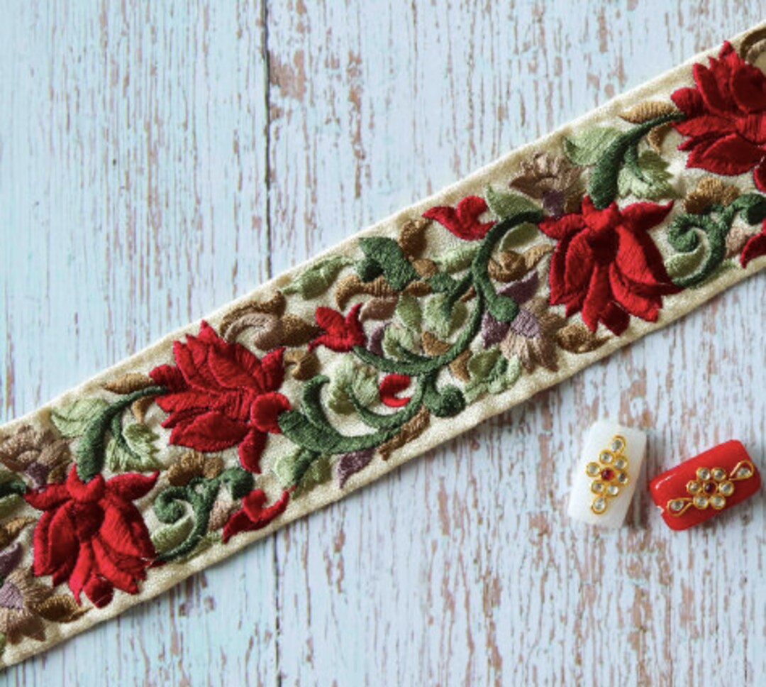 White Red Floral Embroidered Trimindian Fabric Embroidered - Etsy