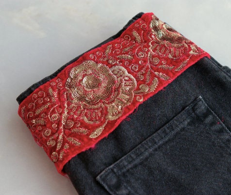 Red Gold Velvet Floral Trim,indian Embroidered Border,red Gold Floral ...