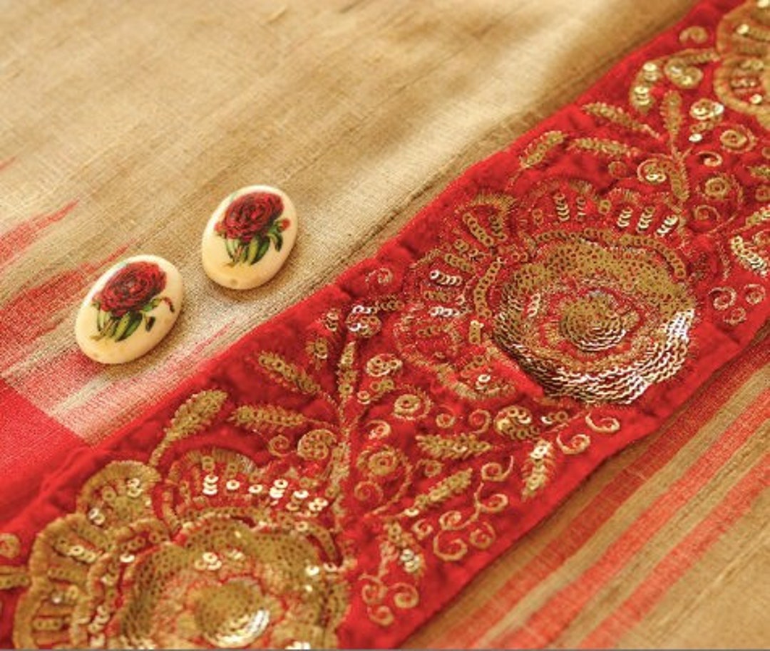 Red Gold Velvet Floral Trim,indian Embroidered Border,red Gold Floral ...