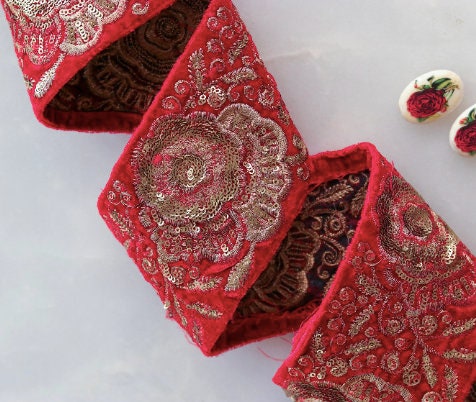 Red Gold Velvet Floral Trim,indian Embroidered Border,red Gold Floral ...