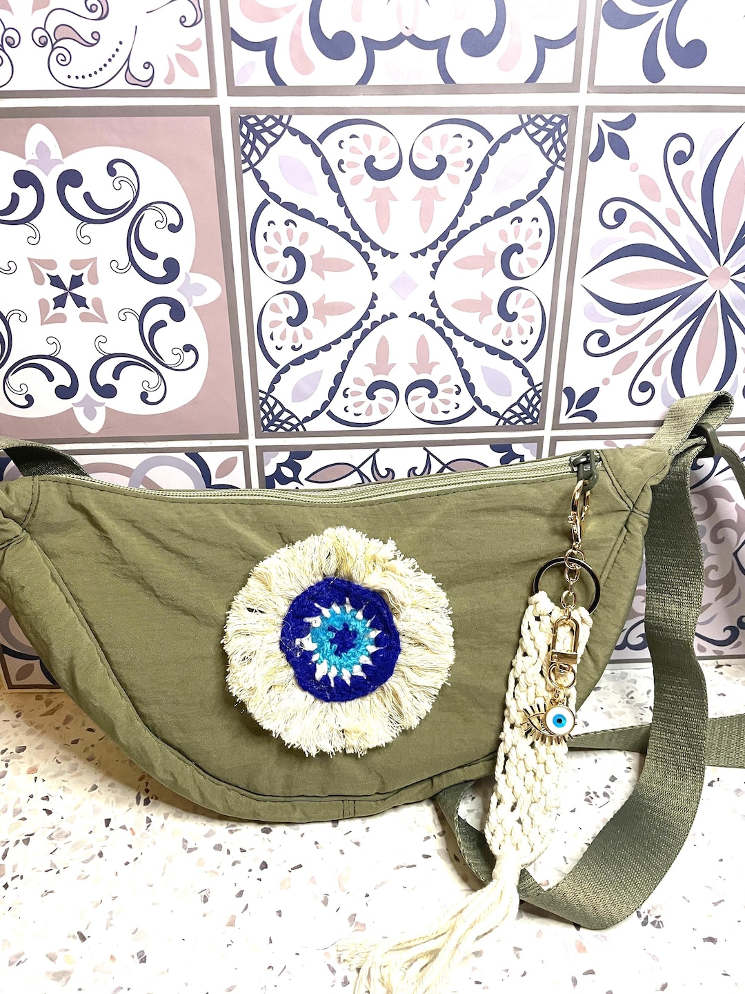 Crochet Evil Eye Sling Bag | Olive Green Boho Bag With Macrame Fringe ...