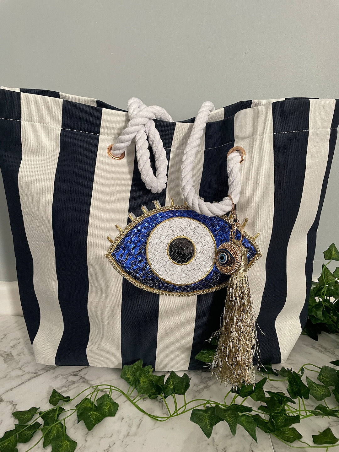 Evil Eye Beach Bag, Blue and White Stripes, Gold Evil Eye Keychain, and ...