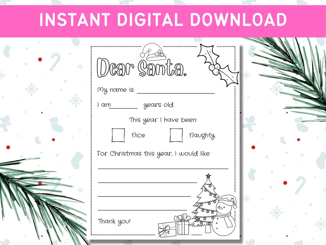 Dear Santa Coloring Page Letter to Santa Christmas Wish List Black and ...