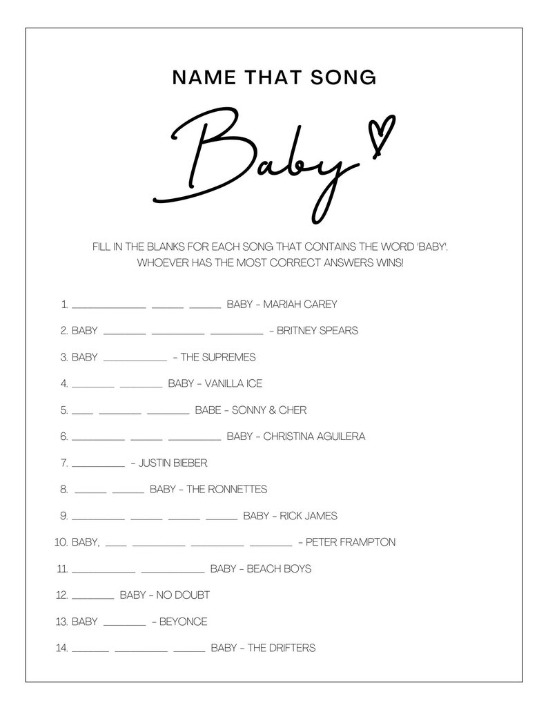 Bordered Name That Song Baby | Printable Baby Shower Games | Baby ...