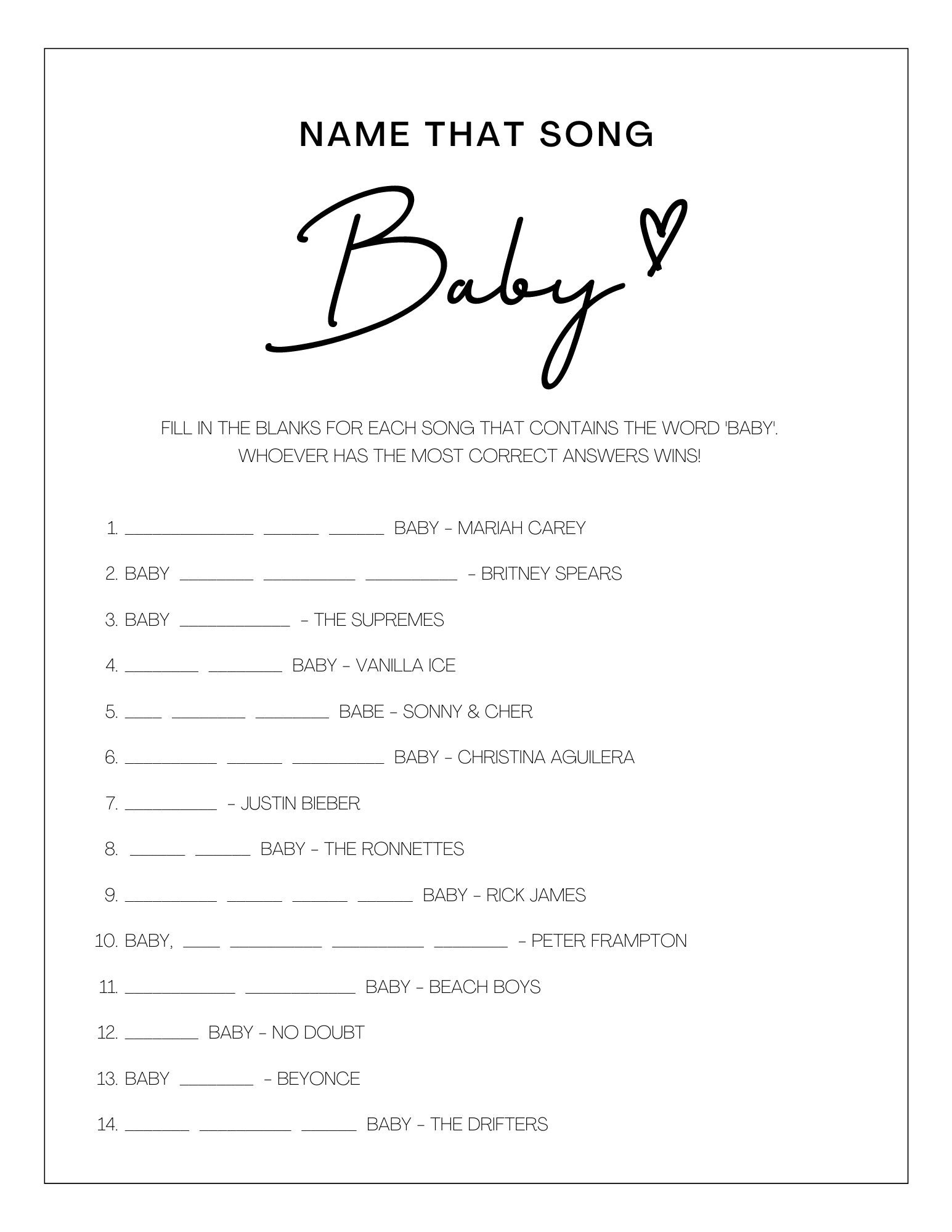 Bordered Name That Song Baby | Printable Baby Shower Games | Baby ...