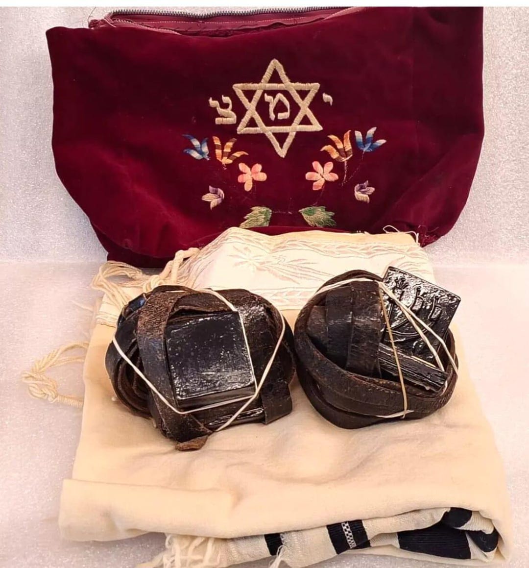 Rare ANTIQUE Set of Large TEFILLIN & TALLIT Velvet Bag Jewish Judaica ...