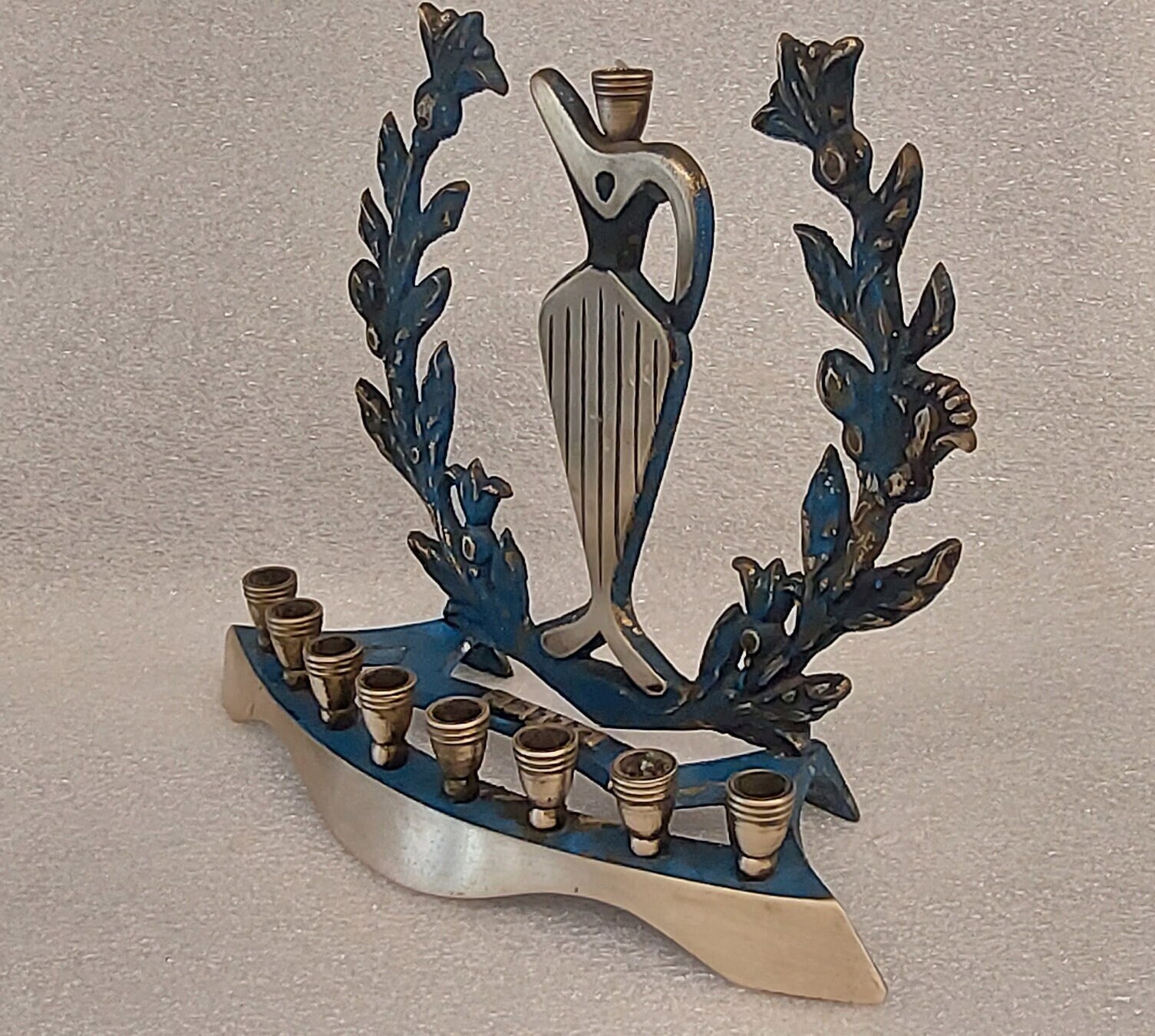 Rare Old 50's ISRAEL Blue BRASS MENORAH Oil Jug Hanukkah Judaica Jewish ...