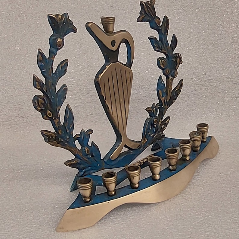Rare Old 50's ISRAEL Blue BRASS MENORAH Oil Jug Hanukkah Judaica Jewish ...