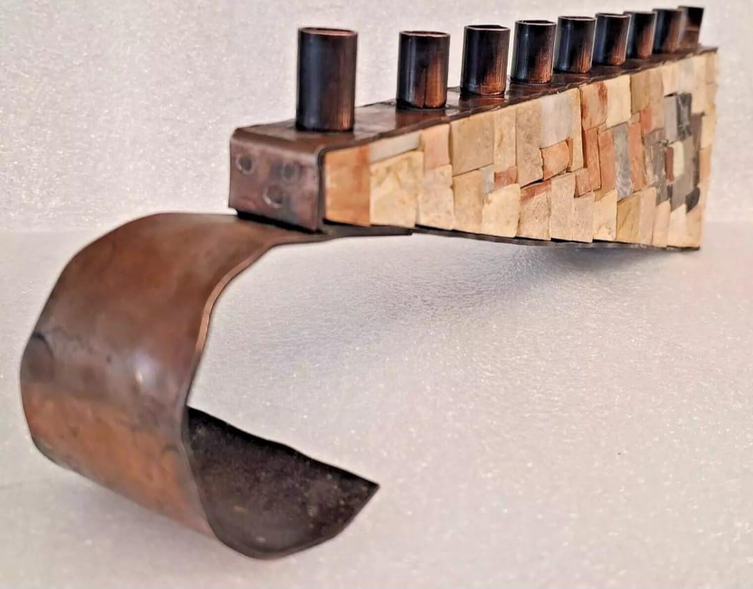 Rare Vintage MENORAH EILON Mosaics Copper & Natural Stone Handmade ...