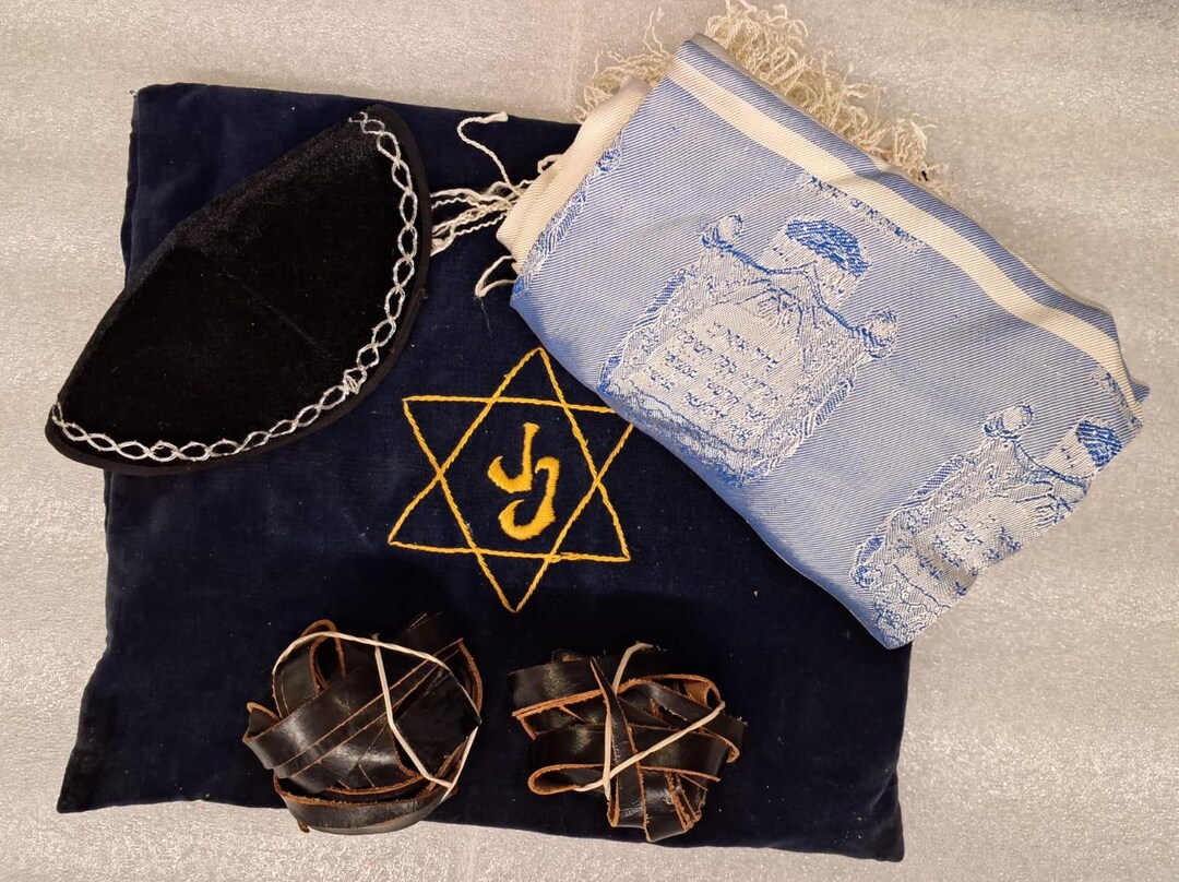 Rare OLD Set of SMALL TEFILLIN Tallit Knitted Dome & Star of David Bag ...