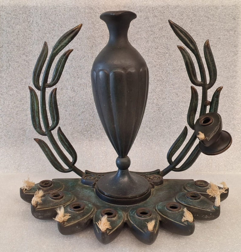 Very Rare Old Judaica Jewish Bronze Brass Oil MENORAH PAL BELL Israel ...