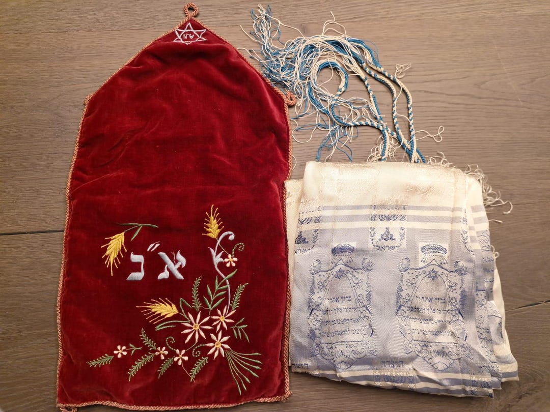 RARE OLD Large Rabbi TALLIT Shawl Prayer & Velvet Bag Judaica Jewish ...