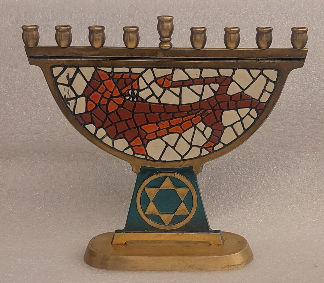 Rare Vintage Brass MENORAH DAYAGI ISRAEL an Example of Lion Mosaic ...