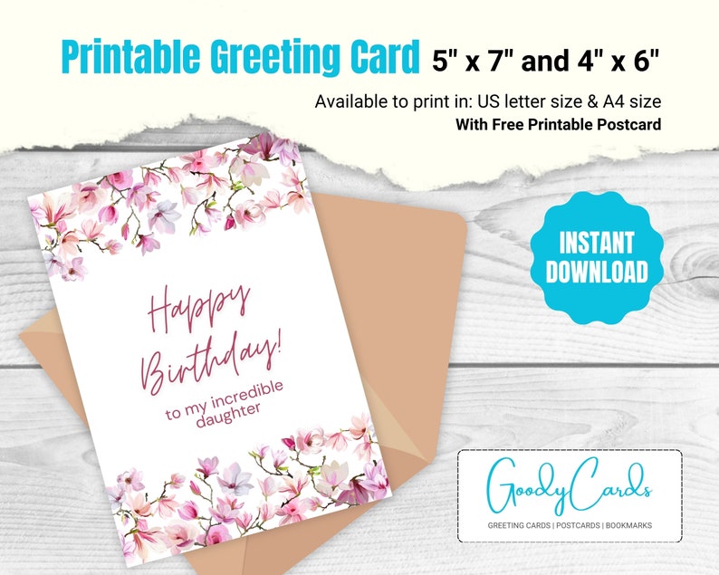 Printable Birthday Card for Daughter, Pink Floral Birthday, Flower ...