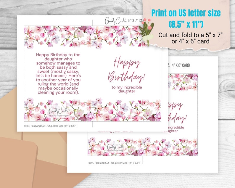 Printable Birthday Card for Daughter, Pink Floral Birthday, Flower ...