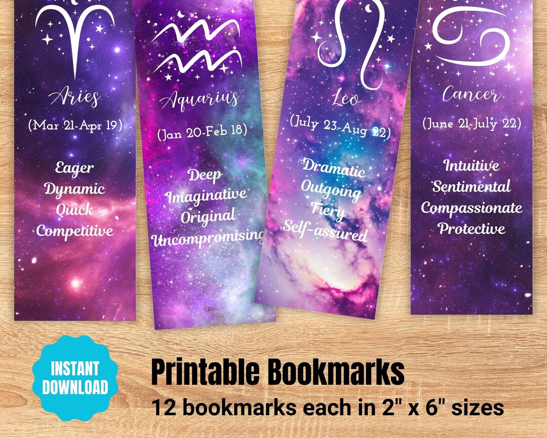 Zodiac Signs Bookmarks Collection, Digital Printable Bookmarks, Digital ...