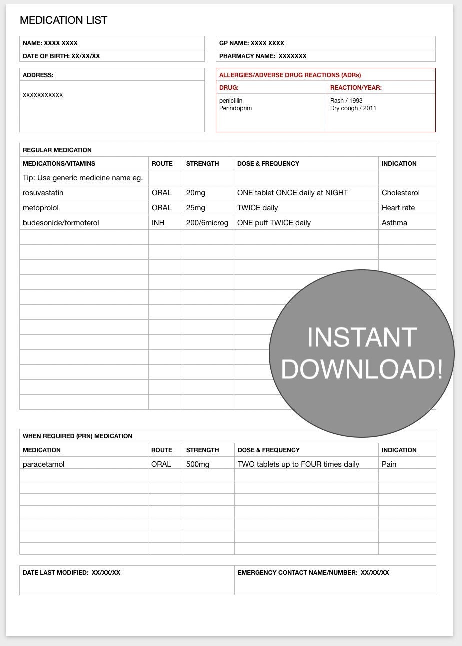 Personal Medication List Digital File Printable Word, PDF Guide ...