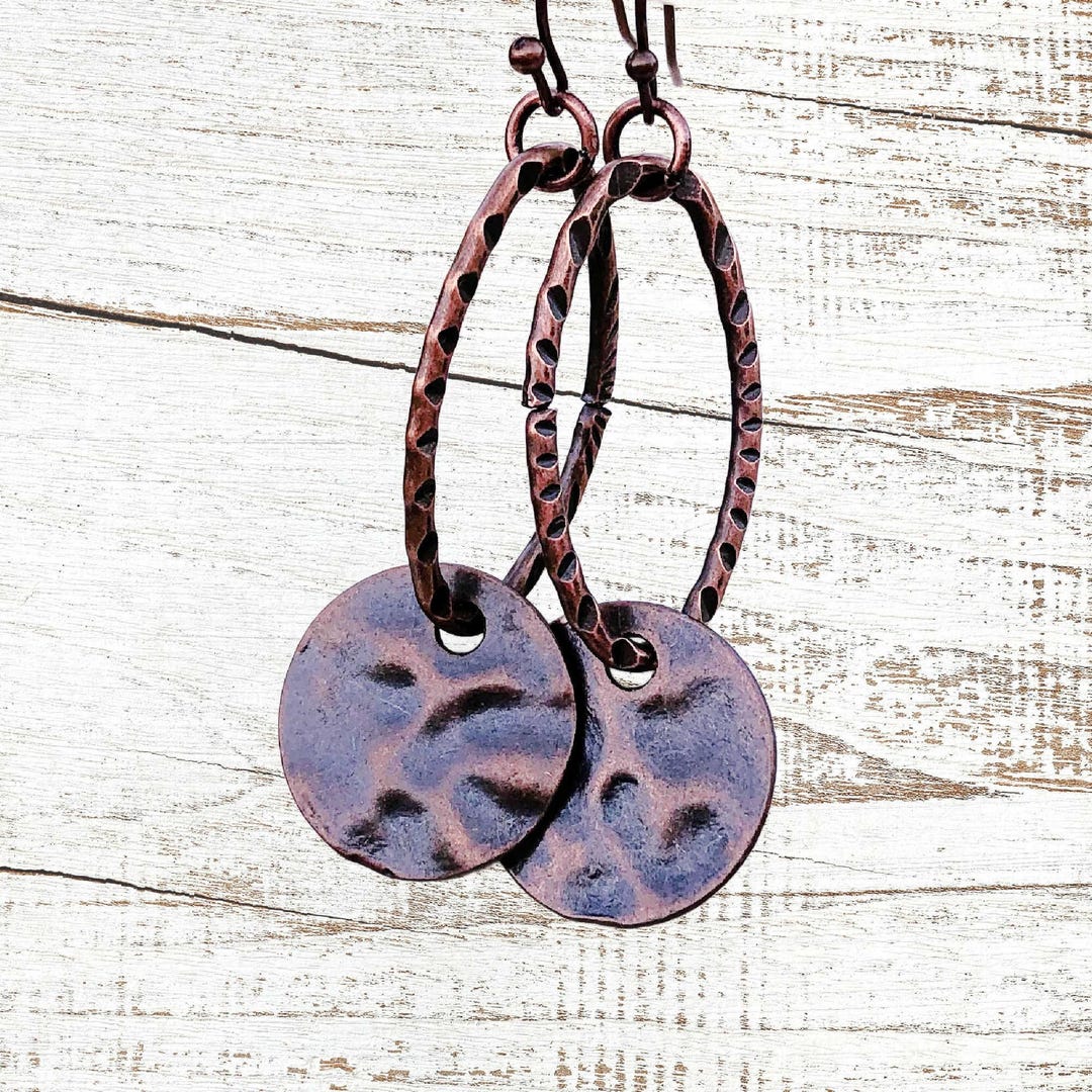 Large Copper Hoop and Disc Earrings Boho Jewelry Handmade Dangle ...