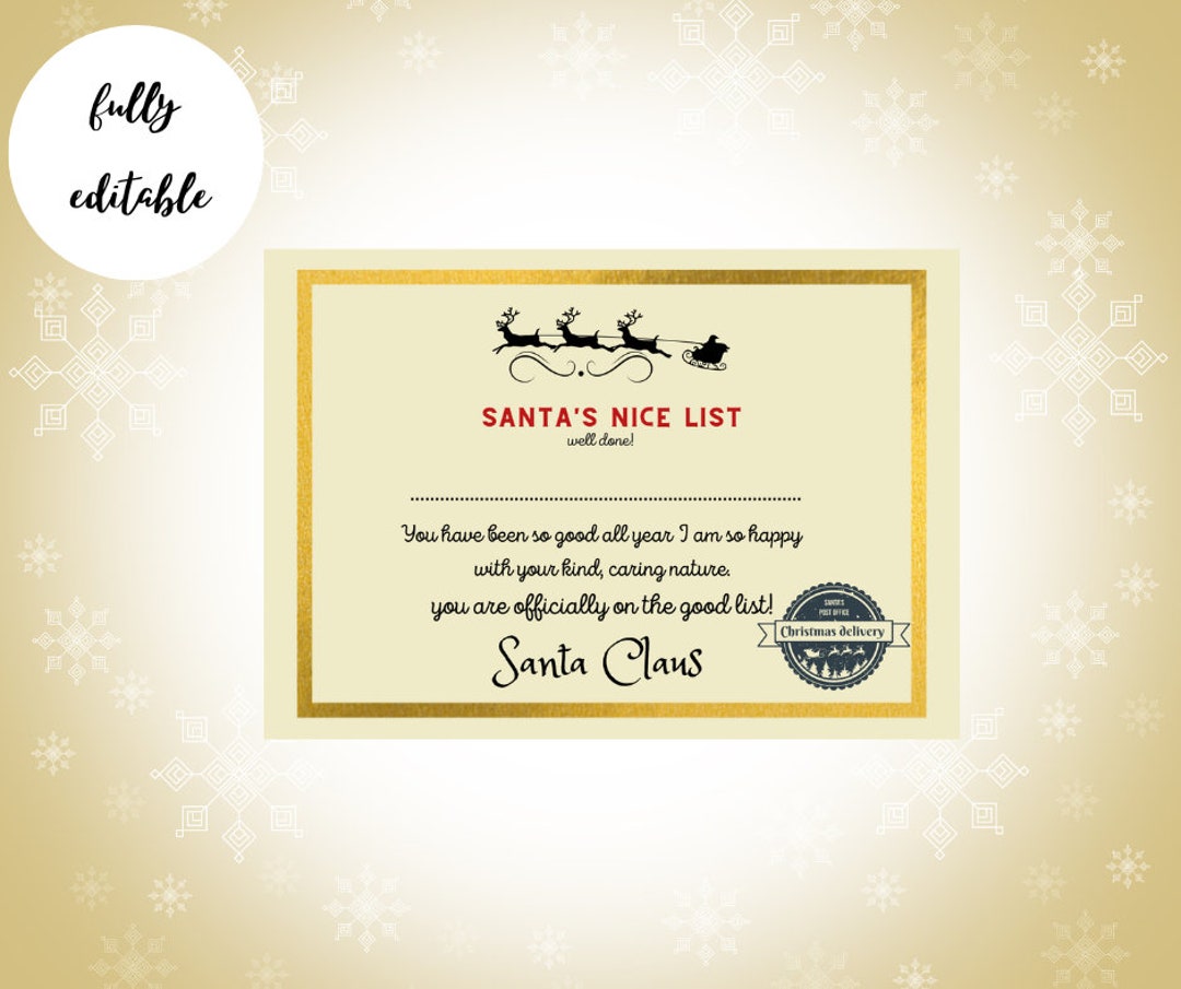 Santas Nice List Certificate Fully Editable Printable - Etsy UK
