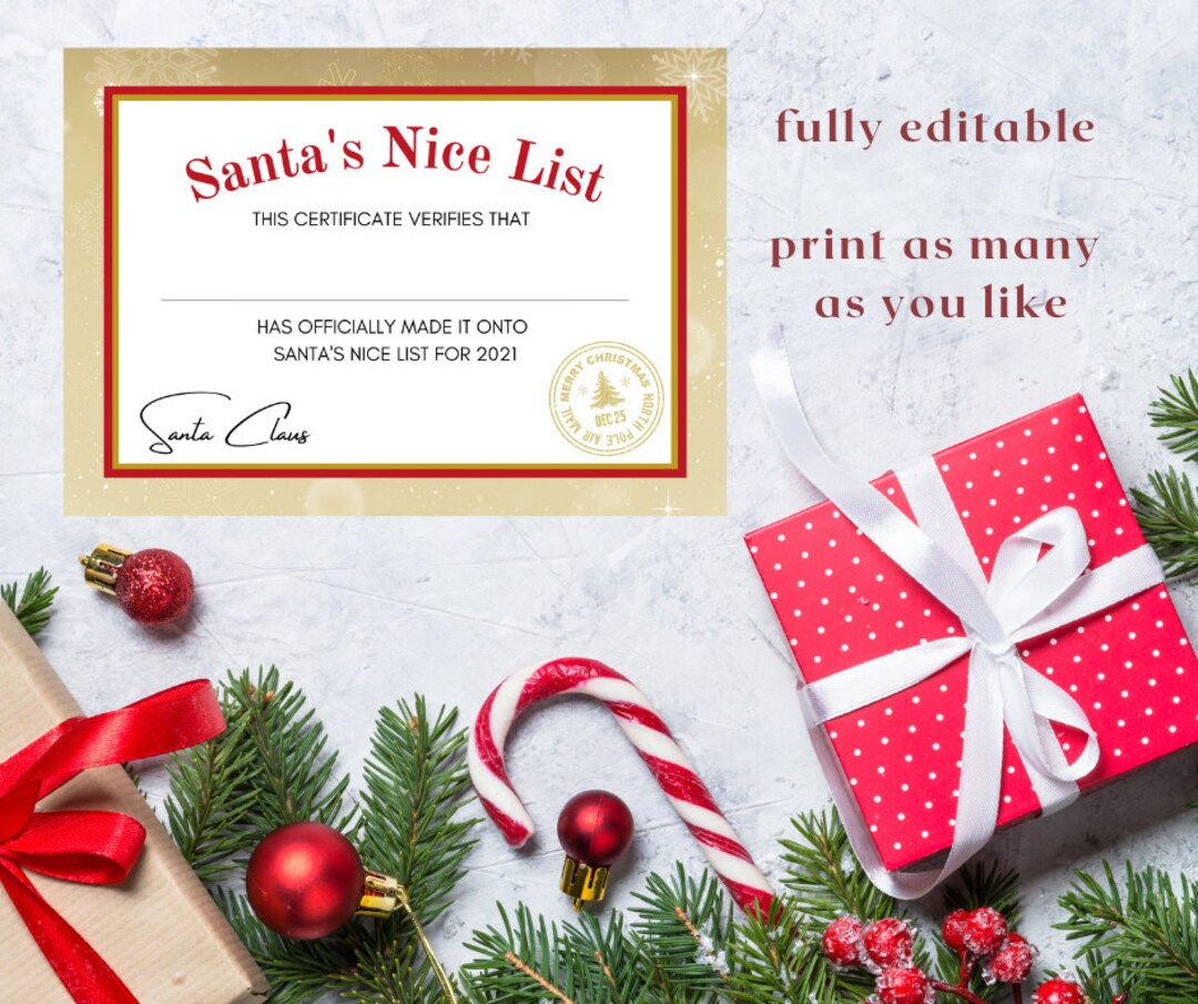 Santas Nice List Certificate Fully Editable Print at Home - Etsy Australia