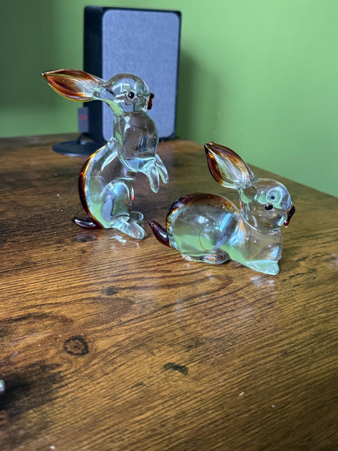 Pair of Vintage Murano-style Glass Rabbits – Clear With Amber Accents ...