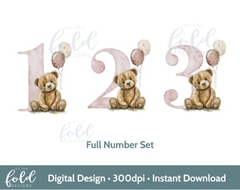 Teddy Bear, Full Set of Numbers, Birthday, Clipart, Sublimation. PNG ...