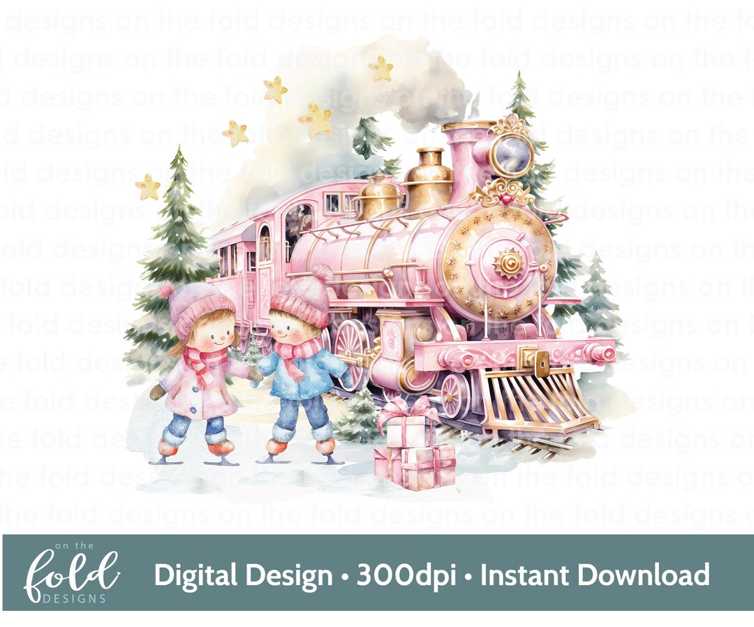 Polar Express Kids Ice Skating Clipart Christmas Train Pink Gold Xmas ...