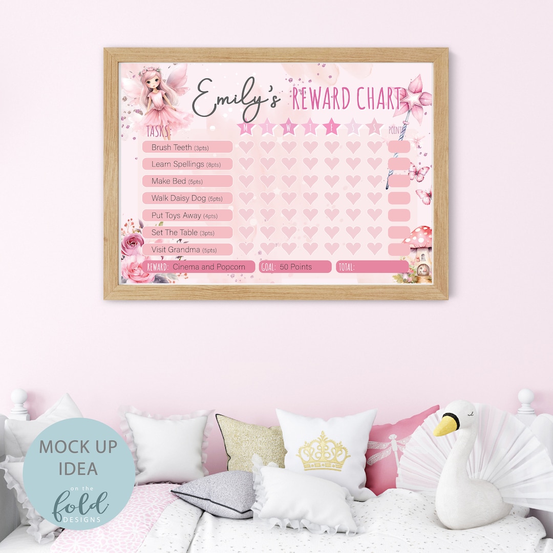 Fairy Reward Chart, Pink Glitter, A4, Personalised Your Own Watercolor ...