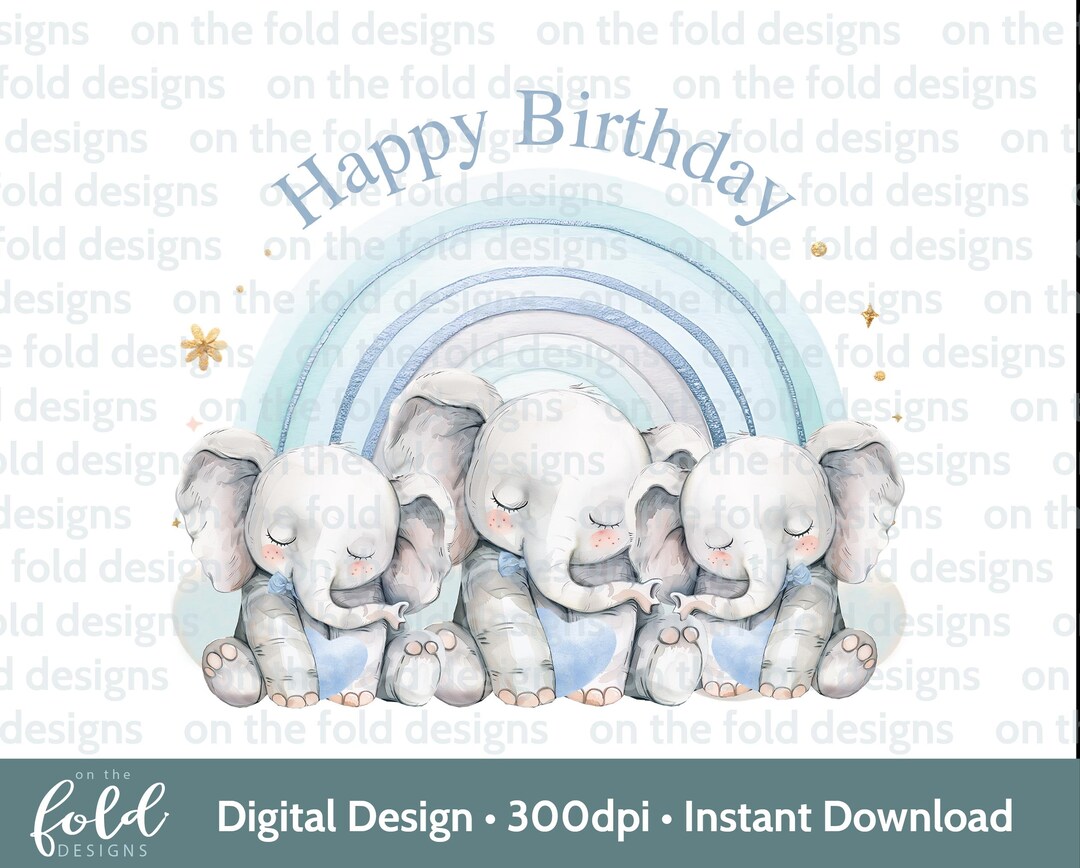 Happy Birthday Clipart Elephant Blue Rainbow Sublimation Print UVDTF ...