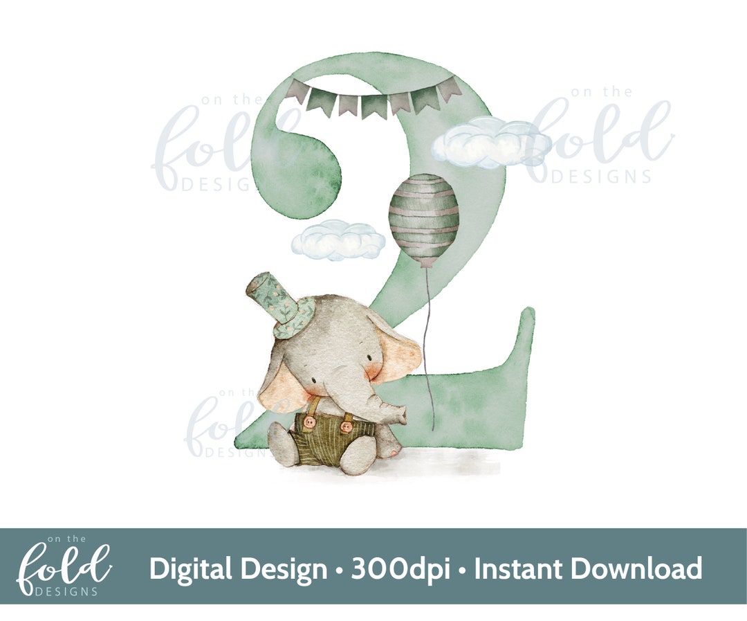 Number 2 Elephant Balloon Bunting 2nd Birthday Clipart Sublimation ...