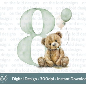 Teddy Bear, Number 8, Balloons, 8th Birthday, Clipart, Green Balloons ...