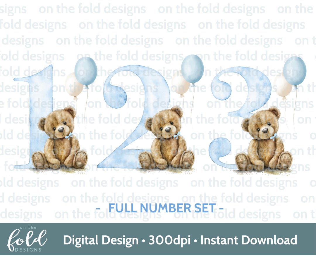 Teddy Bear Number Clipart, Blue Full Set, Birthday, Sublimation Uv Dtf ...
