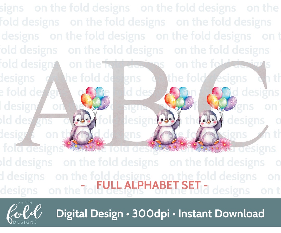 Penguin Full Set of Alphabet Letters Birthday Flowers Balloons Designs ...