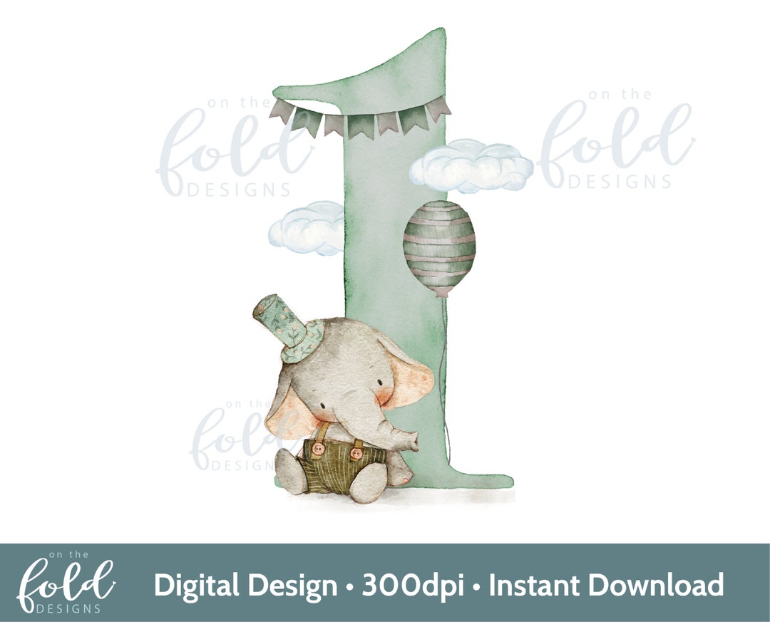 Number 1 Elephant Balloon Bunting 1st Birthday Clipart Sublimation ...
