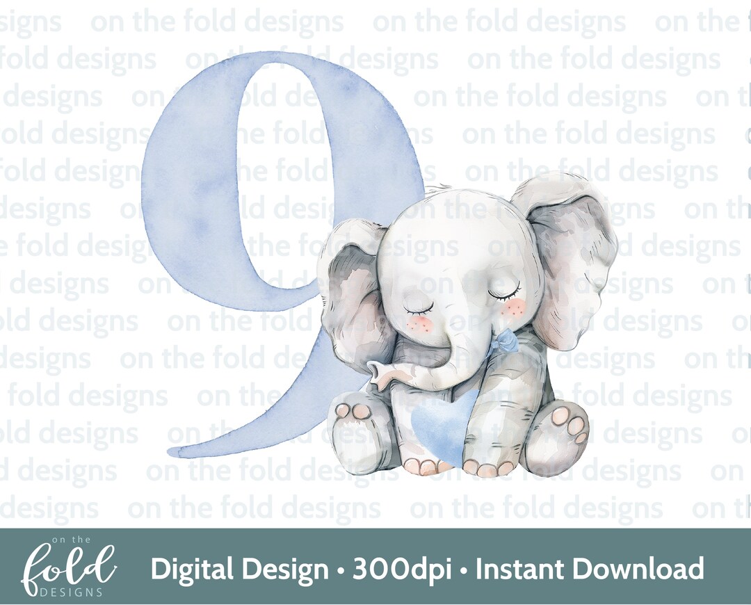 Elephant 9th Birthday Clipart Bow Tie Boy Blue Sublimation PNG Instant ...