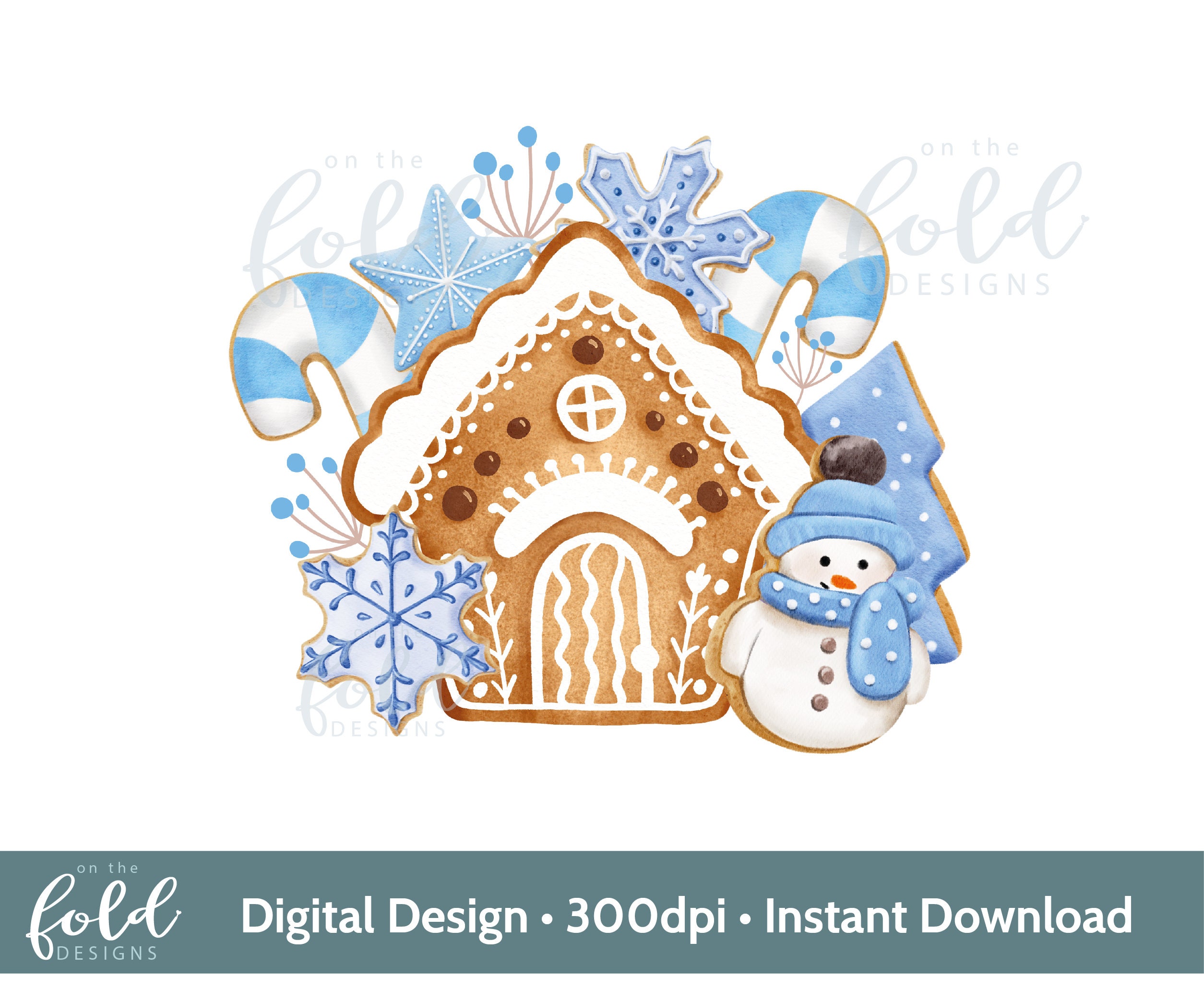 Gingerbread House Christmas Snowman Cookie Blue PNG Instant Digital ...