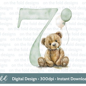 Teddy Bear, Number 7, Balloons, 7th Birthday, Clipart, Green Balloons ...