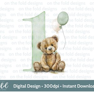 Teddy Bear 1st Birthday Clipart, Balloons, Green (instant Digital ...