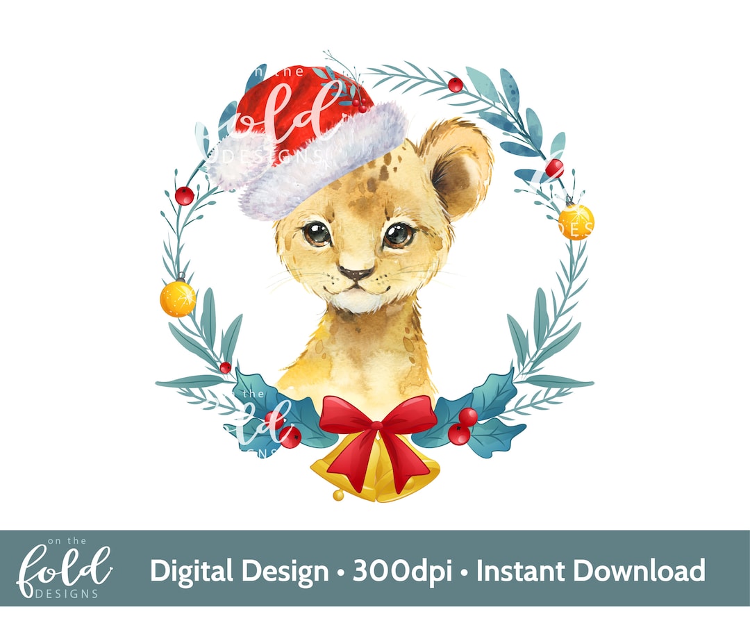 Safari Lion Cub With Santa Hat and Wreath Design Perfect for ...