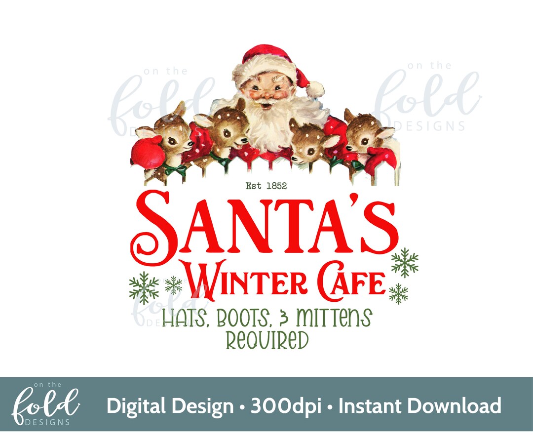 Vintage Santa Reindeer Cafe Retro PNG Clipart for Sublimation Instant ...