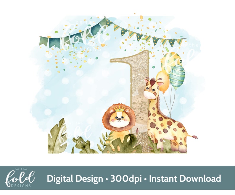 Safari First Birthday PNG: Animal & Glitter Number Clipart (digital ...