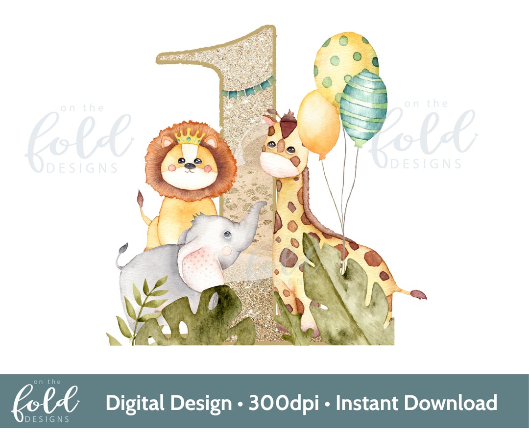 Safari 1st Birthday Number One Png With Animal Leaf and Glitter Number ...