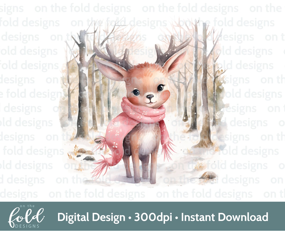 Cute Reindeer Clipart Winter Wonderland Pink Woodland Scene Xmas PNG ...