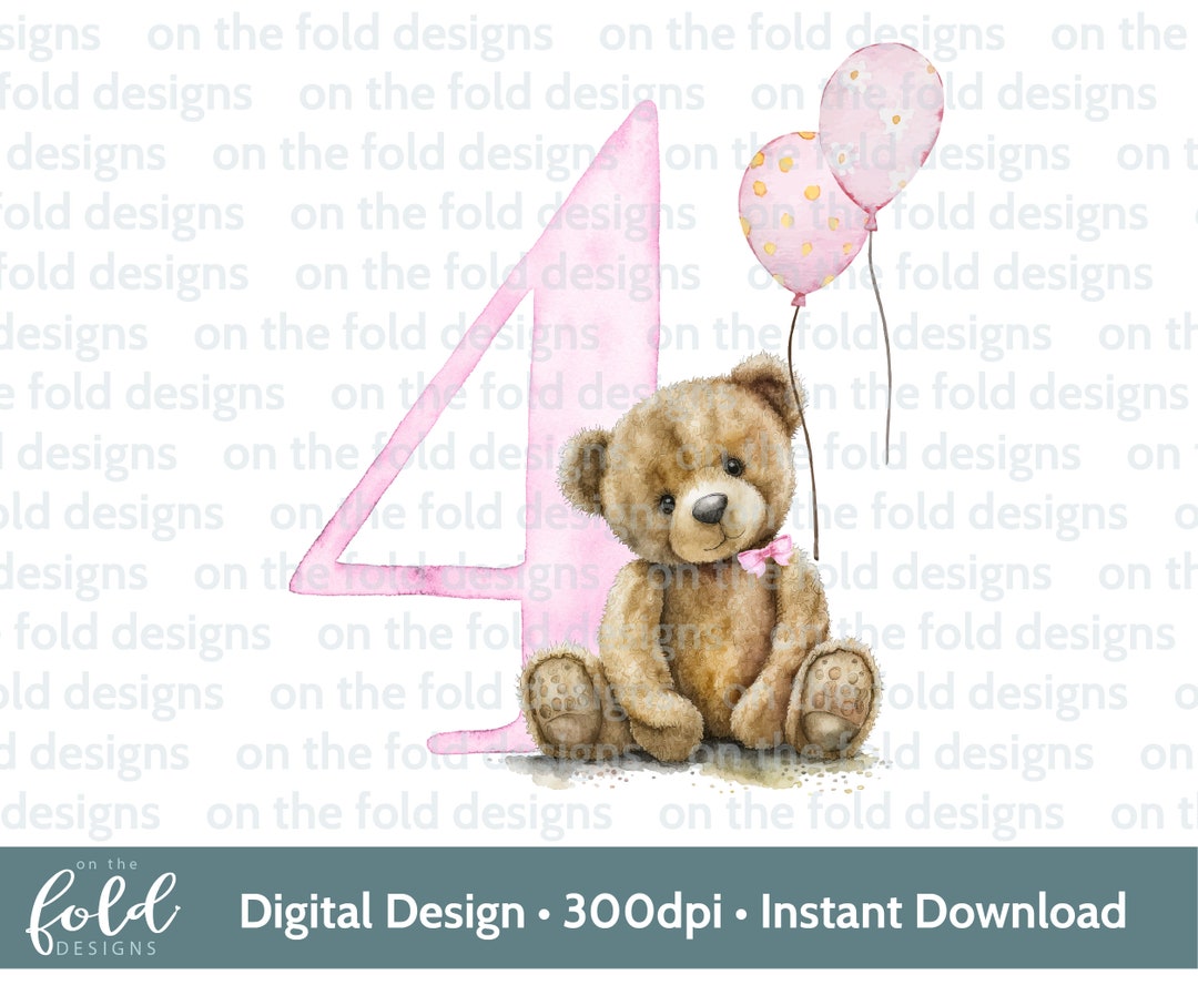 Teddy Bear, Number 4, Balloons, 4th Birthday, Clipart, Sublimation. PNG ...
