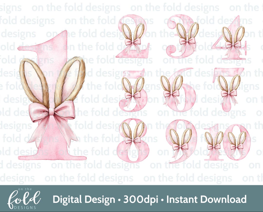 Bunny Rabbit Number Clipart, Pink Birthday PNG Rabbut Ears Watercolor ...