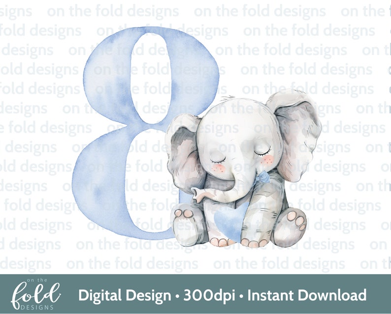 Elephant 8th Birthday Clipart Bow Tie Boy Blue Sublimation PNG Instant ...