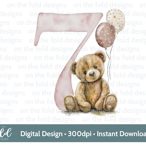 Teddy Bear, Number 7, Balloons, 7th Birthday, Clipart, Sublimation. PNG ...