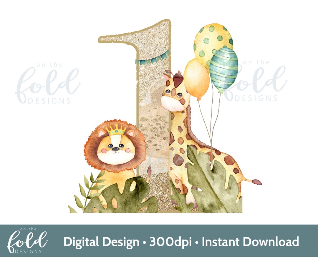 Safari 1st Birthday Number One Png With Animal Leaf and Glitter Number ...