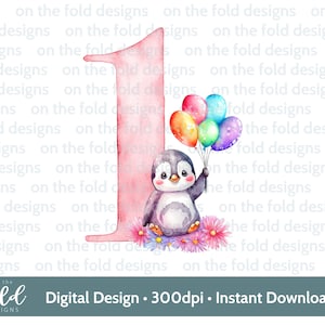 Penguin Number One1st Birthday Design, Flowers and Balloons. PNG ...